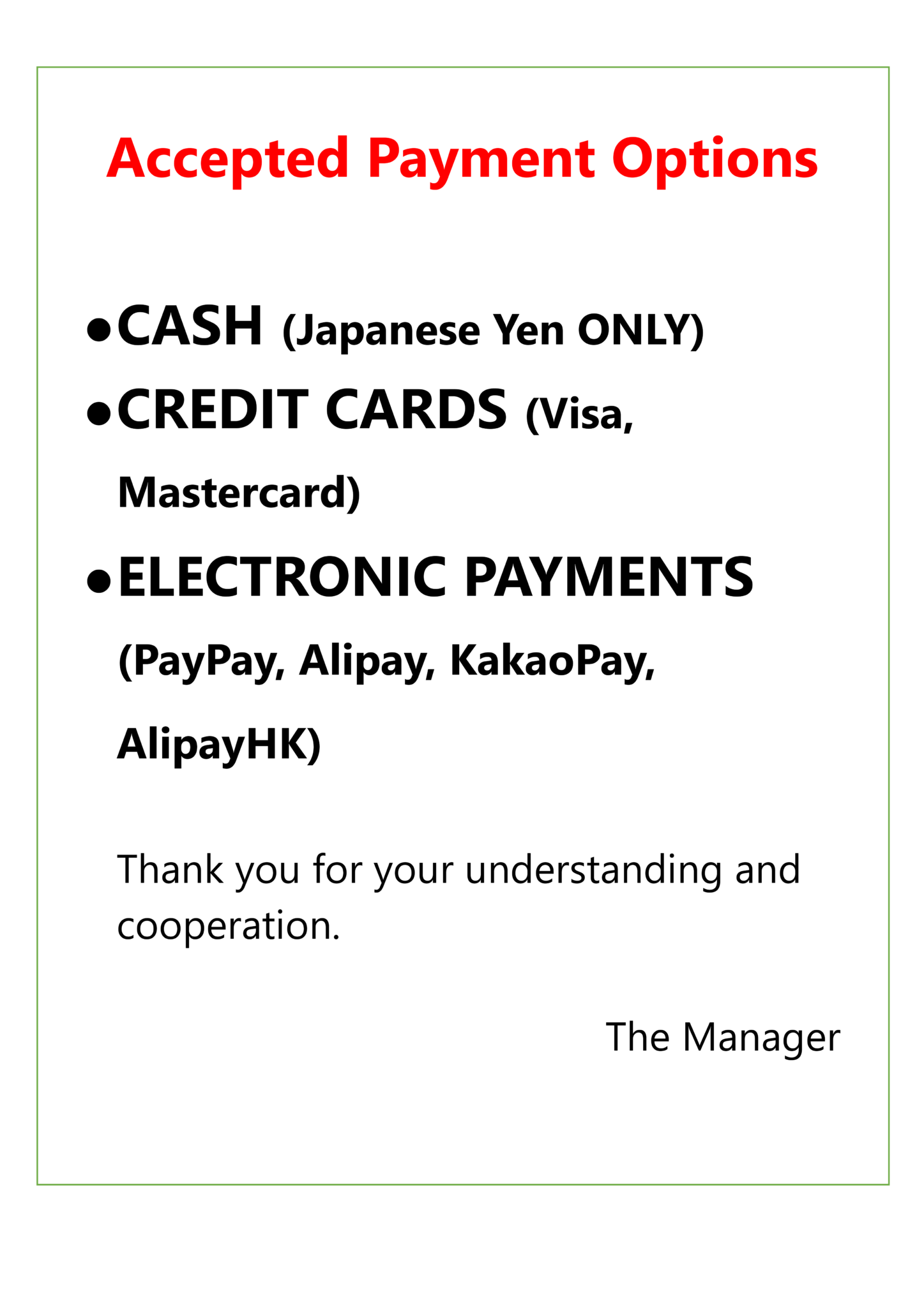 英語張り紙例：お支払い方法を知らせる